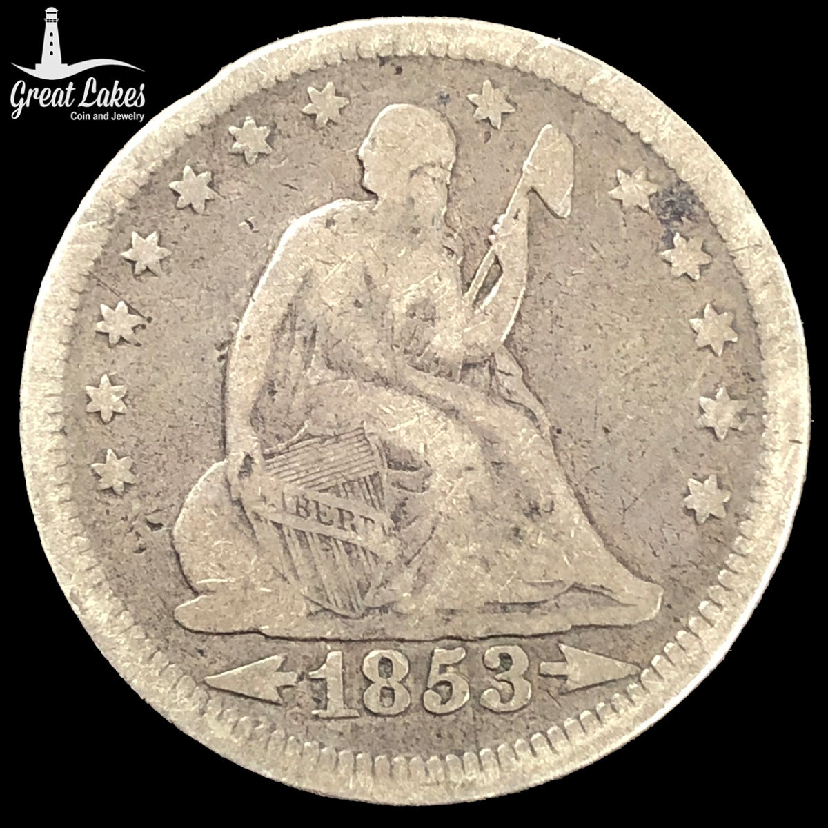 1853 Arrows and Rays Seated Liberty Quarter (F) - Great Lakes Coin