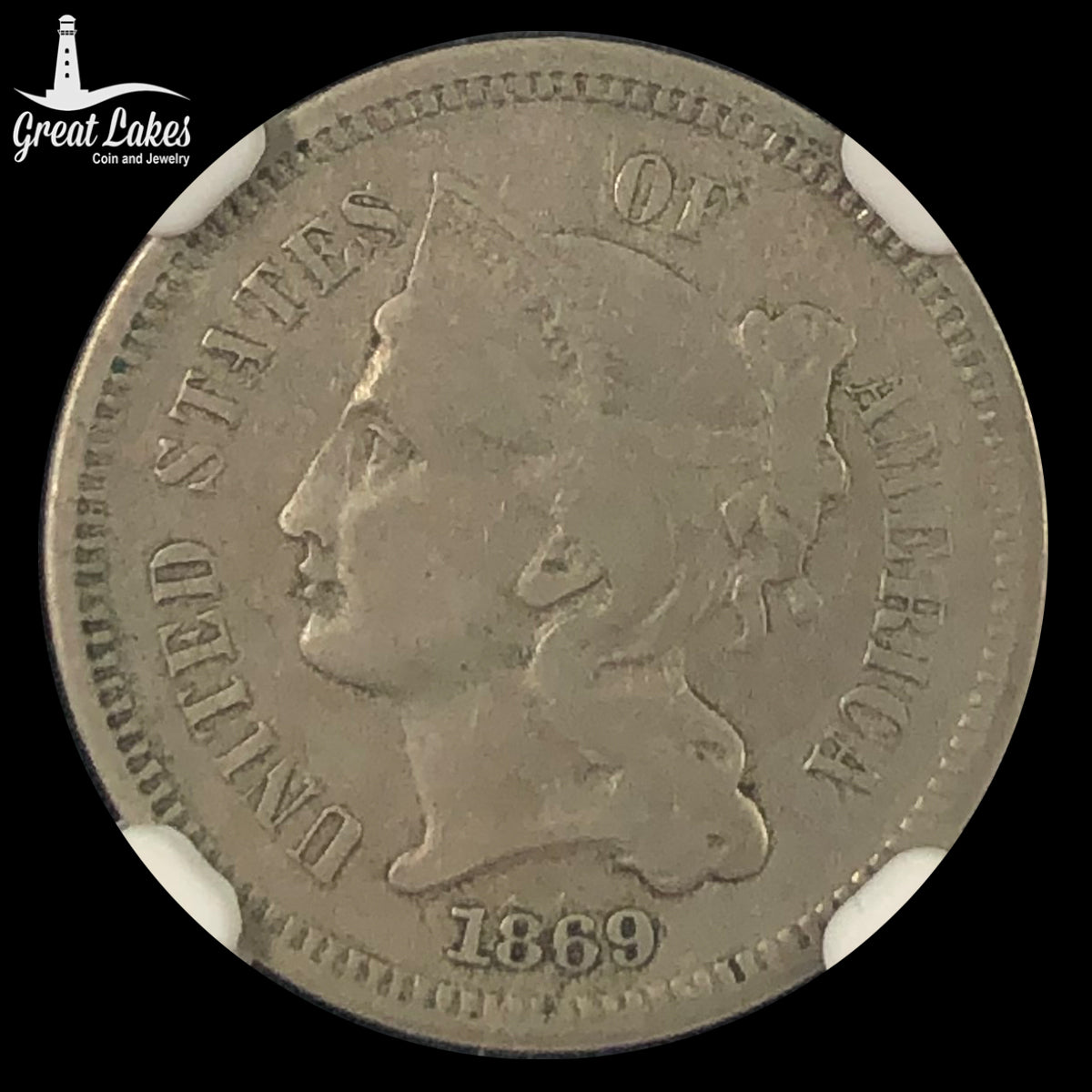 1869 Three Cent Nickel (VF) - Great Lakes Coin