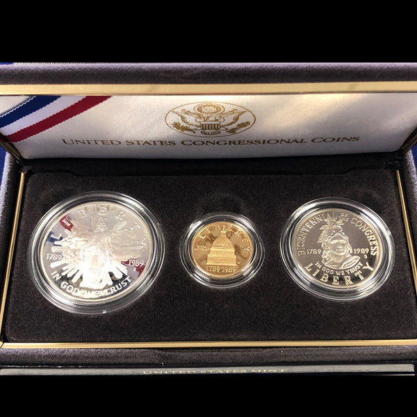 1989 Three Coin Commemorative Congressional Proof Set (With Box & CoA ...