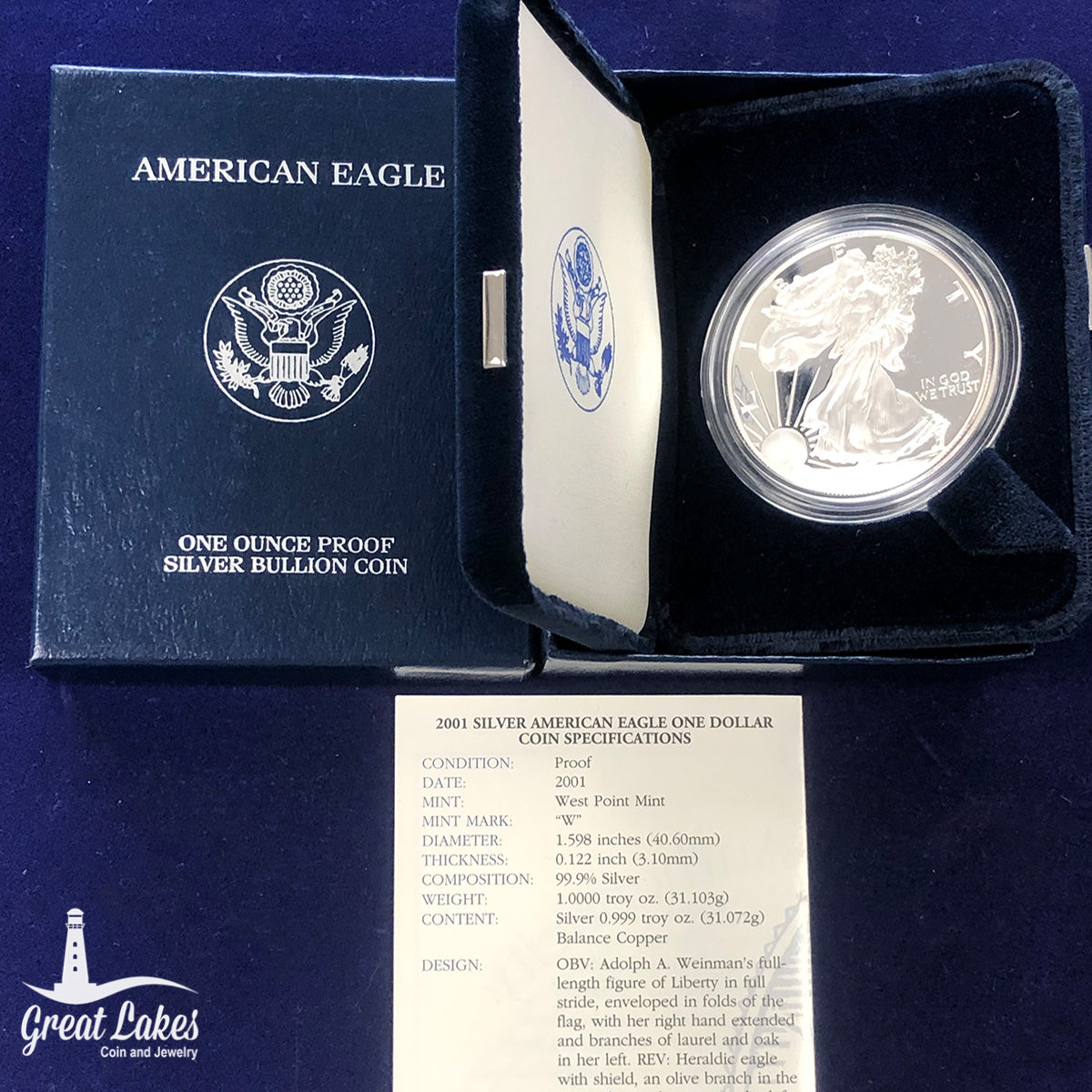 2001-W Proof American Silver Eagle (With Box & CoA) - Great Lakes Coin